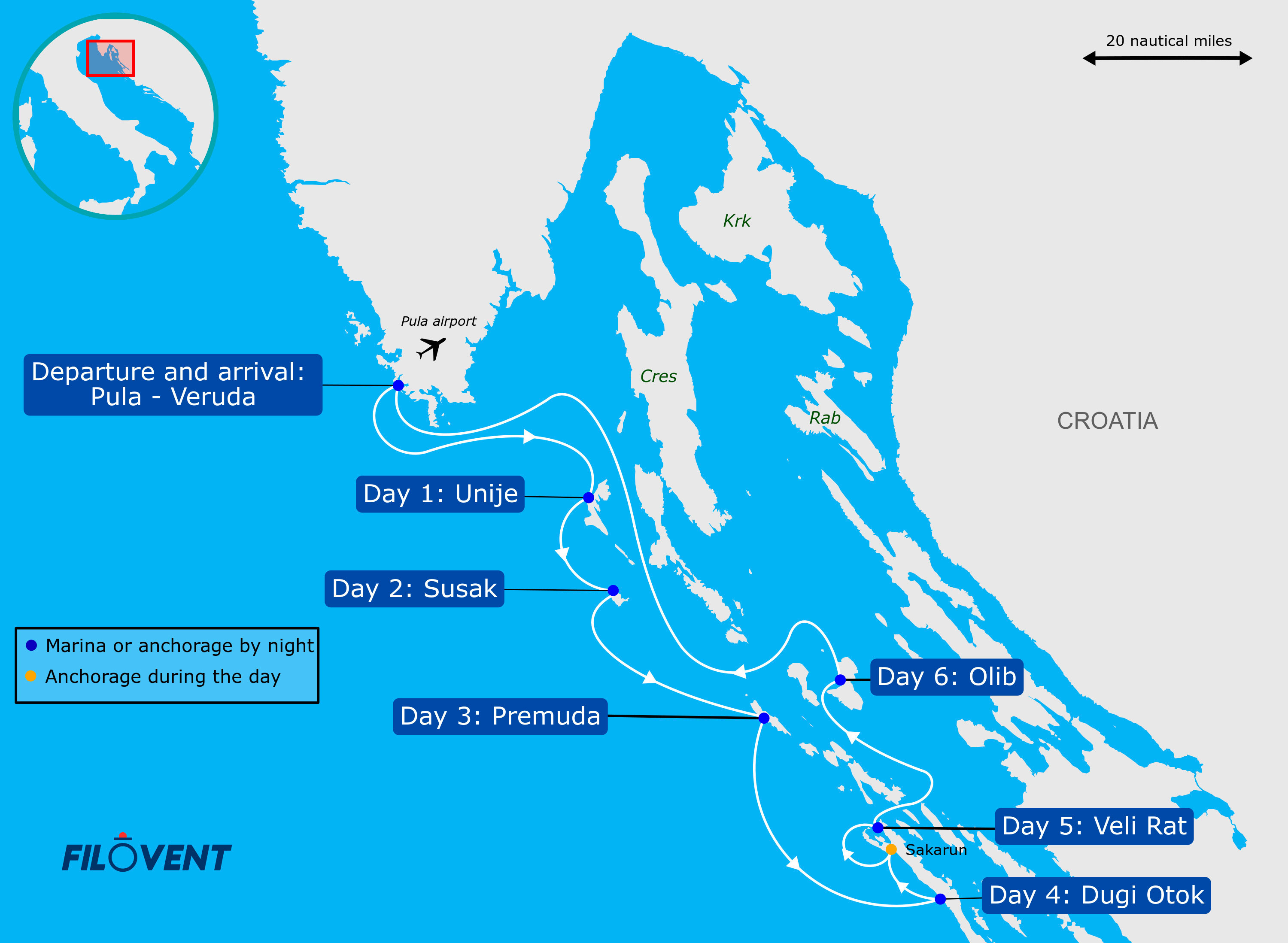 Navigation dans le golfe de Kvarner au départ de Pula